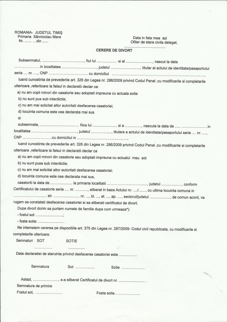 cerere divort - Primaria Sannicolau Mare